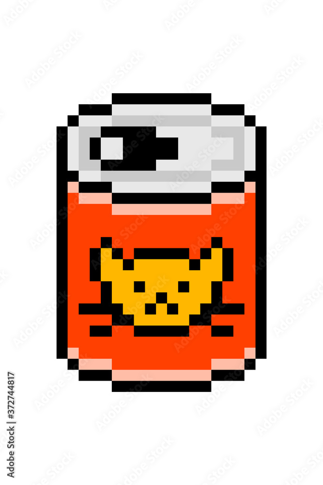 Wet cat food in a red can with a cat portrait, pixel art icon isolated ...