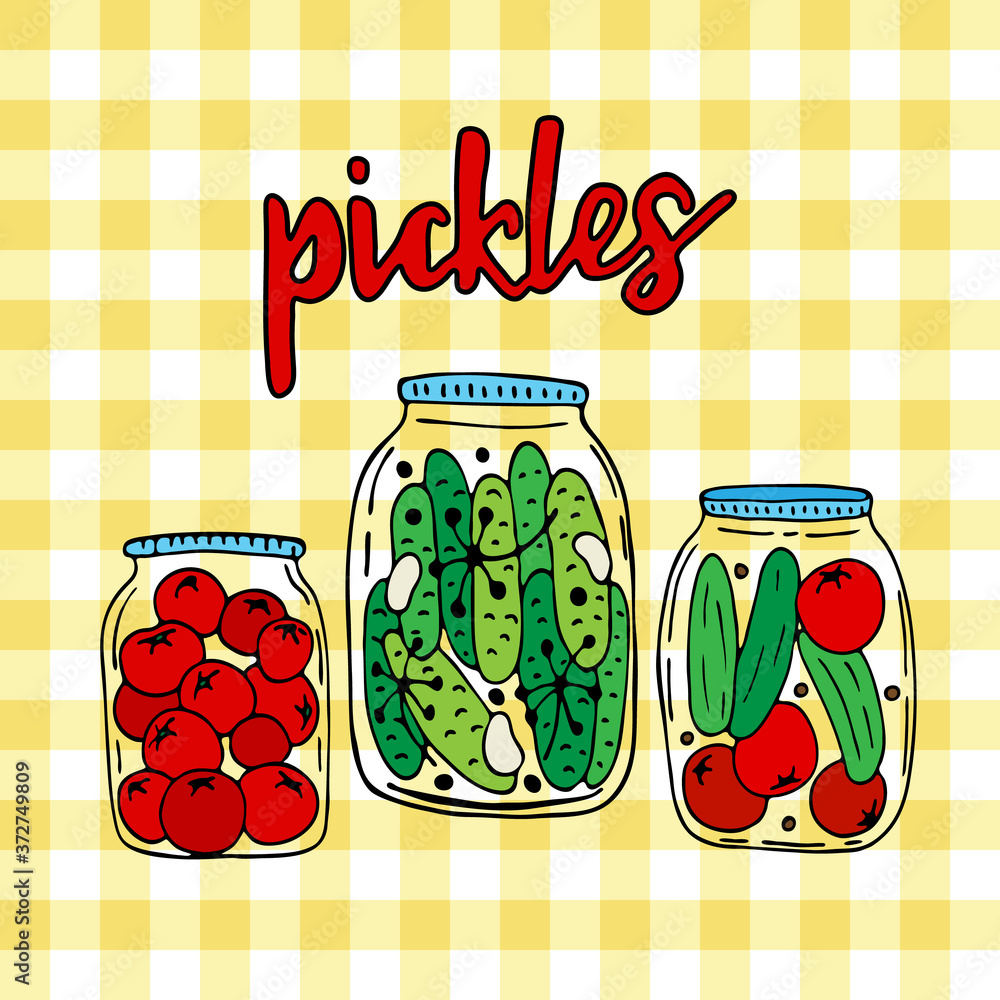 Vector illustration of jars with pickled cucumbers and tomatoes. Doodle ...