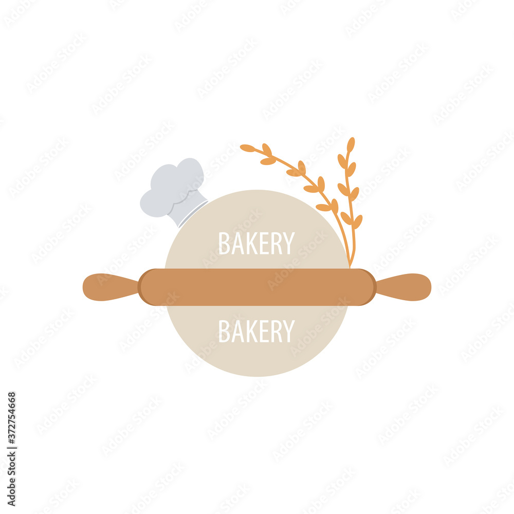 bakery logo, chef hat and rolling pin and branches of wheat, vector ...
