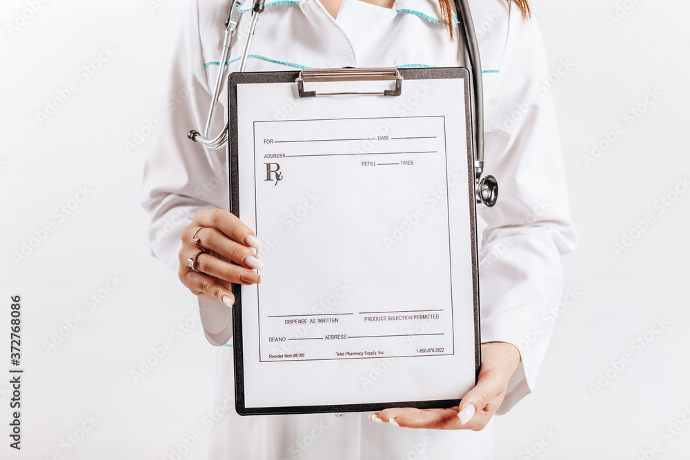 Medical documents. Doctor with stethoscope at hospital. Girl with ...