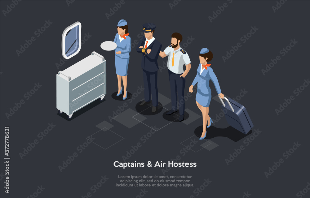 Aircrew, Captains And Flight Attendants Concept. Air Hostess, Captain ...