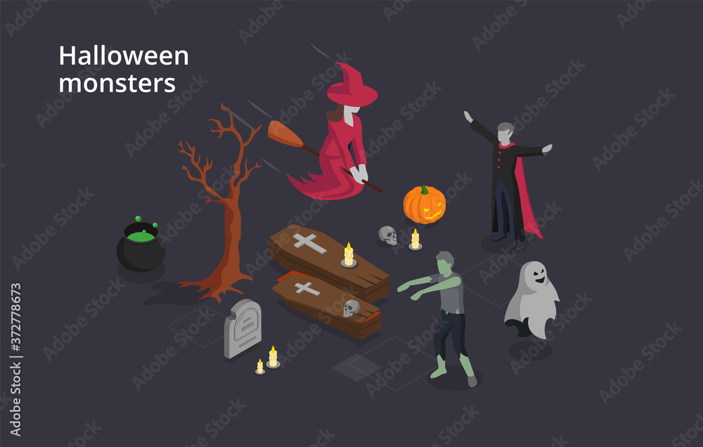 Halloween Monsters And Evil Spirits Concept. A Set Of Halloween ...