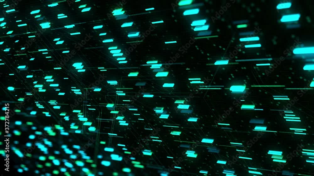 Abstract flowing rectangular particles of blue color on black ...