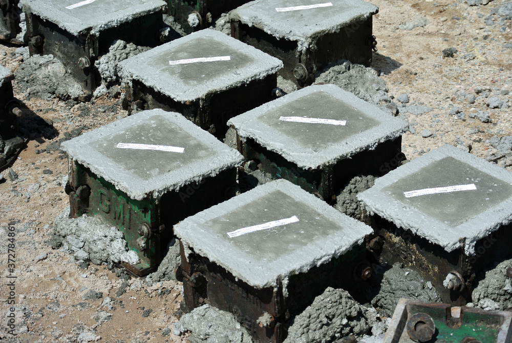 MALACCA, MALAYSIA -JUNE 18, 2016: Cube test. Steel mold in cube shape ...