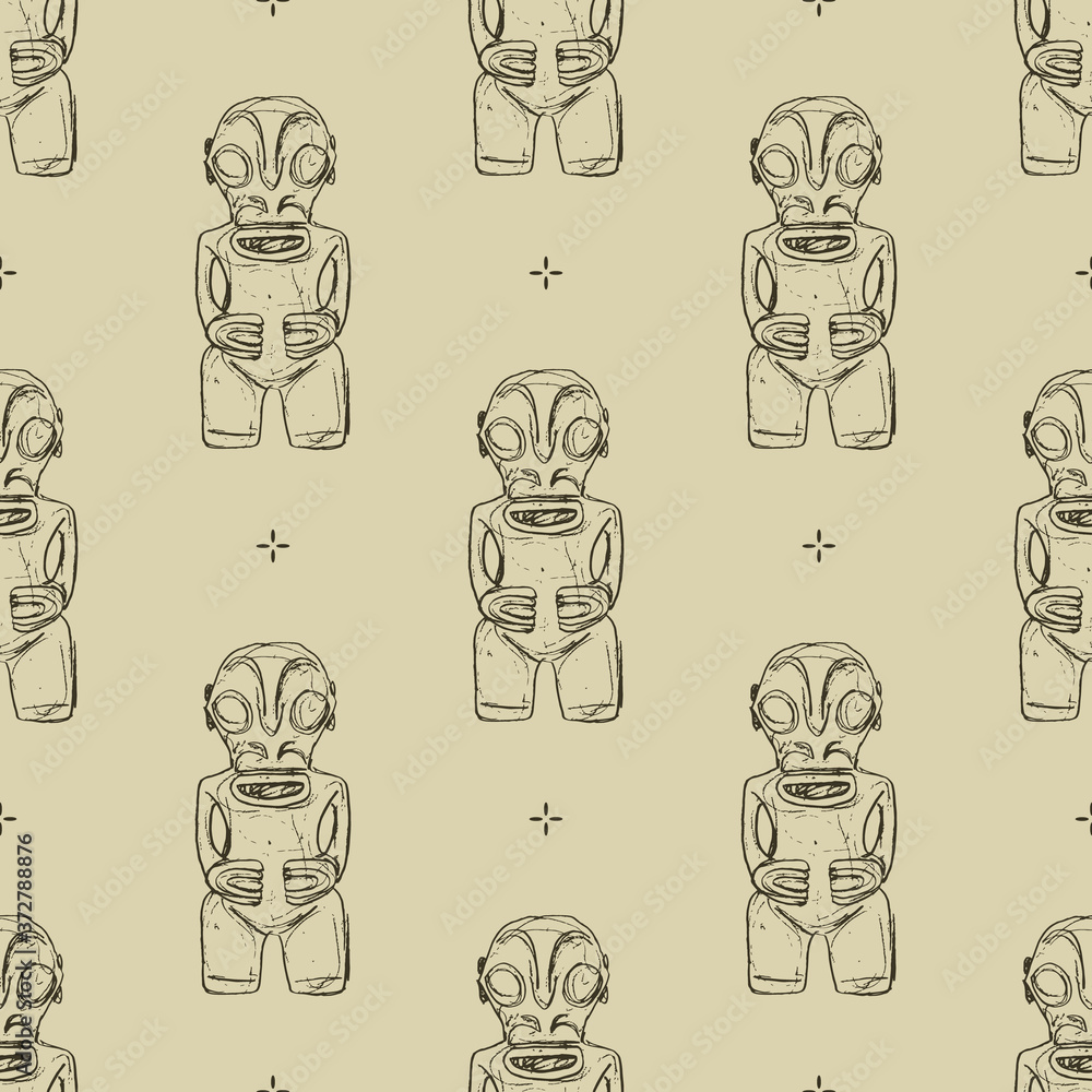 Seamless repeating pattern with sketches of Polynesian god Tane. Maori ...