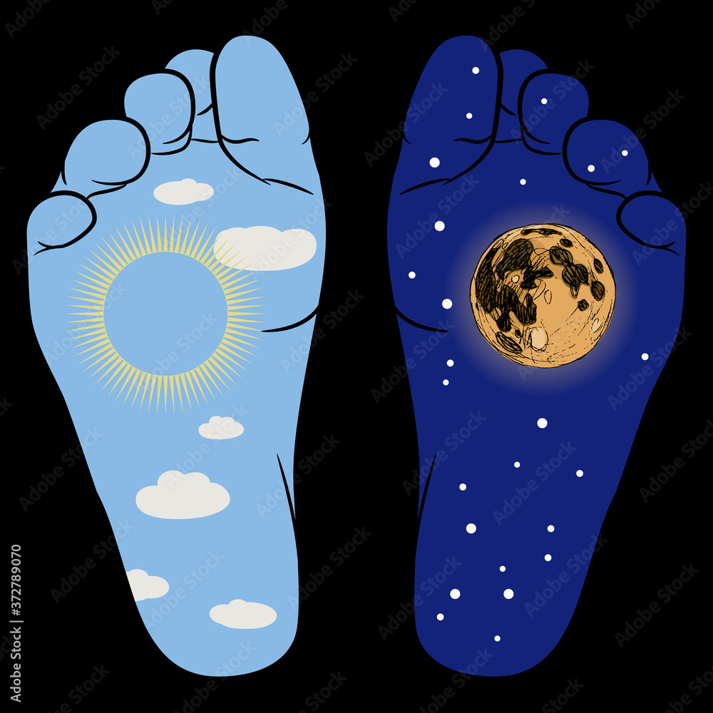 Two bare human soles as day and night. Creative concept for man in ...