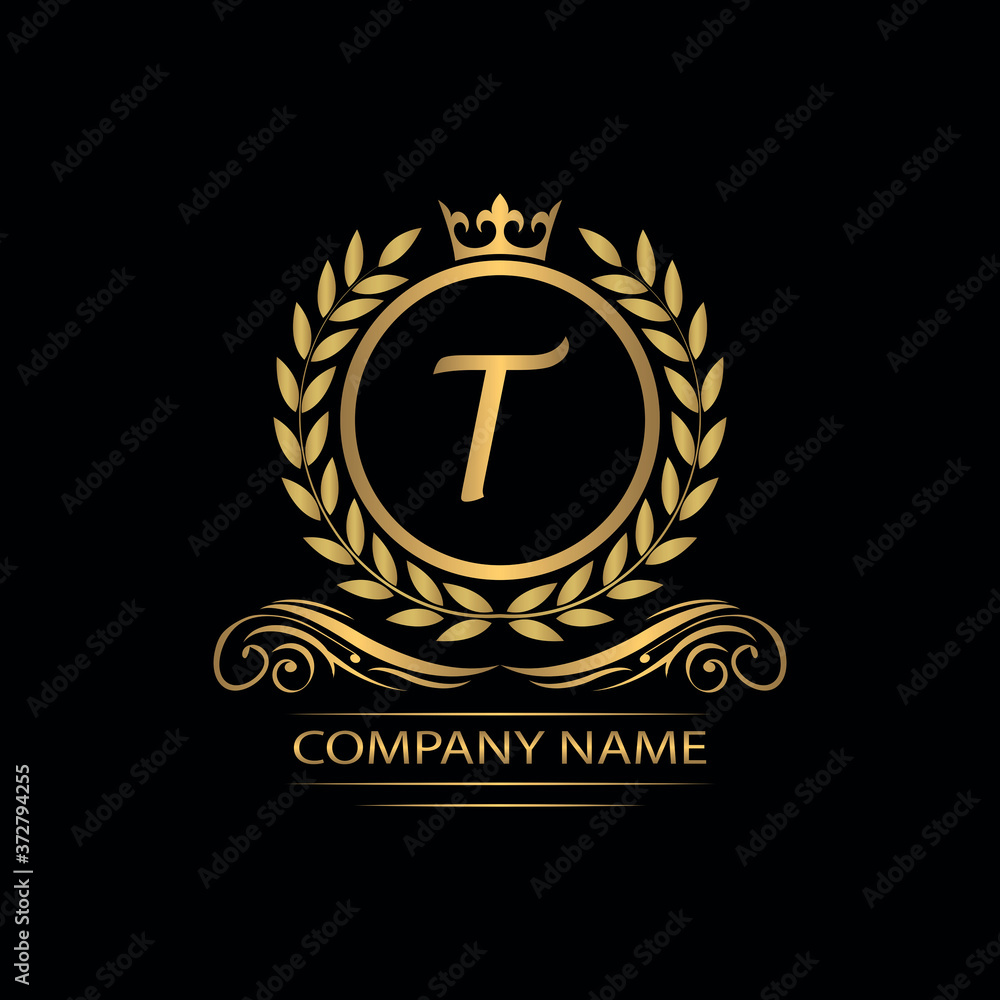 Golden Letter T laurel wreath template logo Luxury gold letter with ...