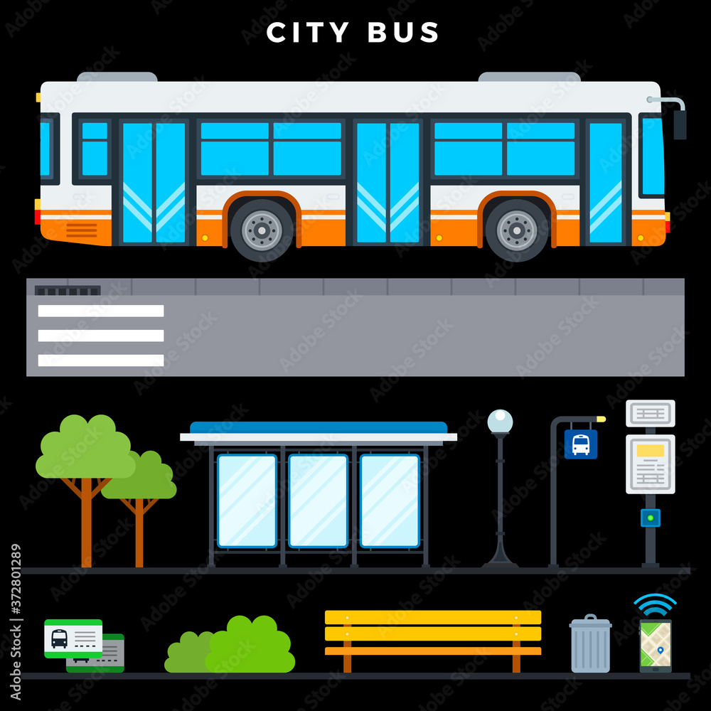City bus transport vector flat icons set with public transport stop ...