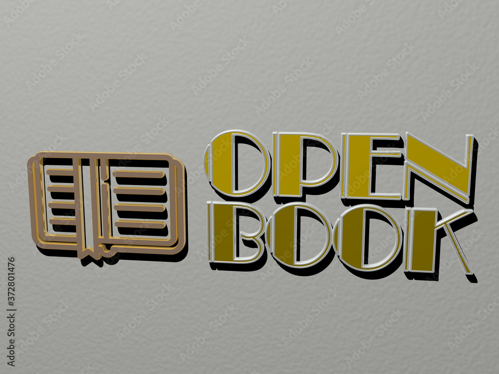 OPEN BOOK icon and text on the wall, 3D illustration for background and ...