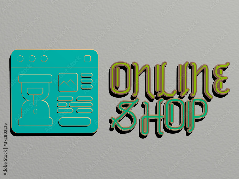 3D representation of ONLINE SHOP with icon on the wall and text ...