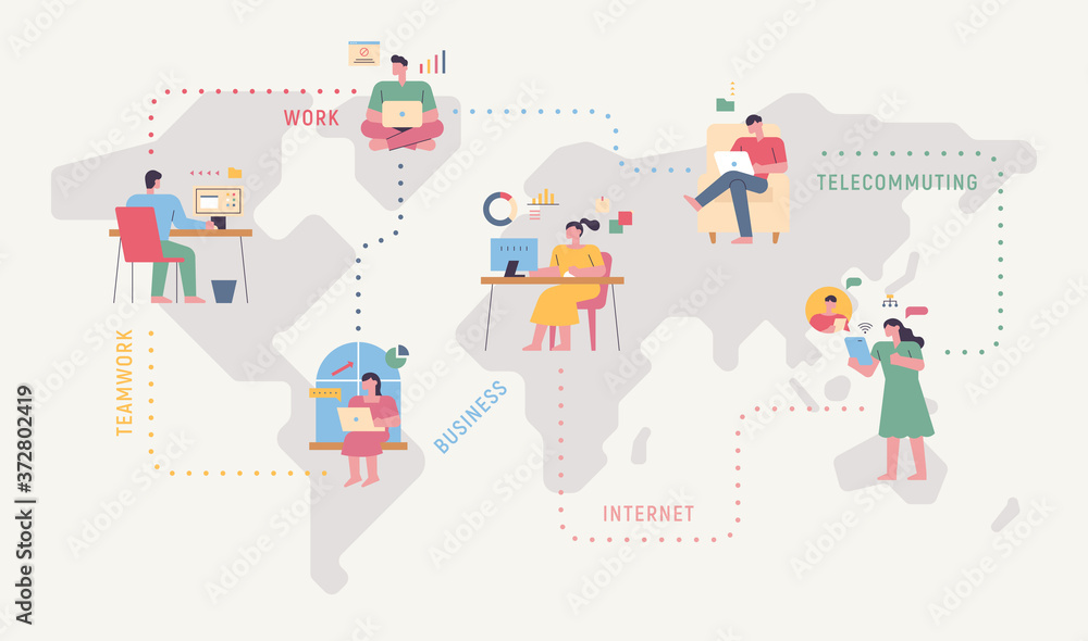 People from all over the world are networked and working. World map ...