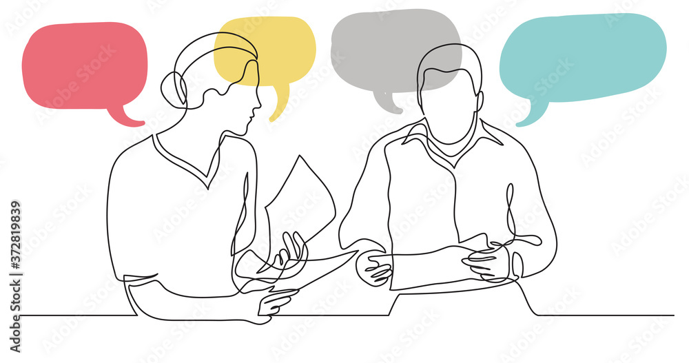 adult man and woman having conversation together - one line drawing ...