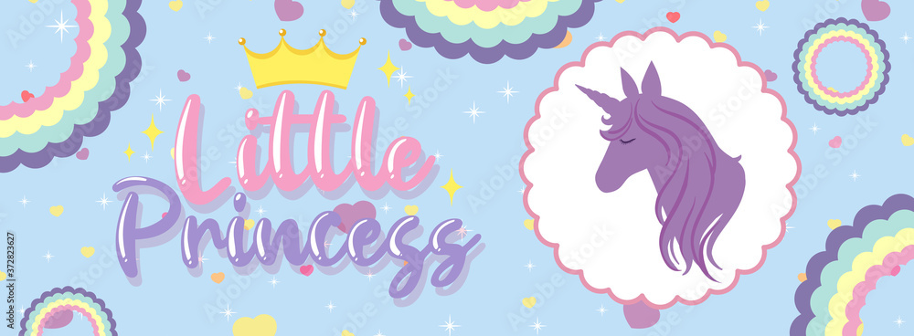 Little princess logo with cute unicorn head silhouette on blue ...