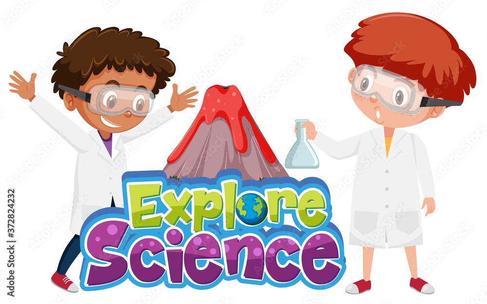 Explore science logo and children with volcano science experiment ...