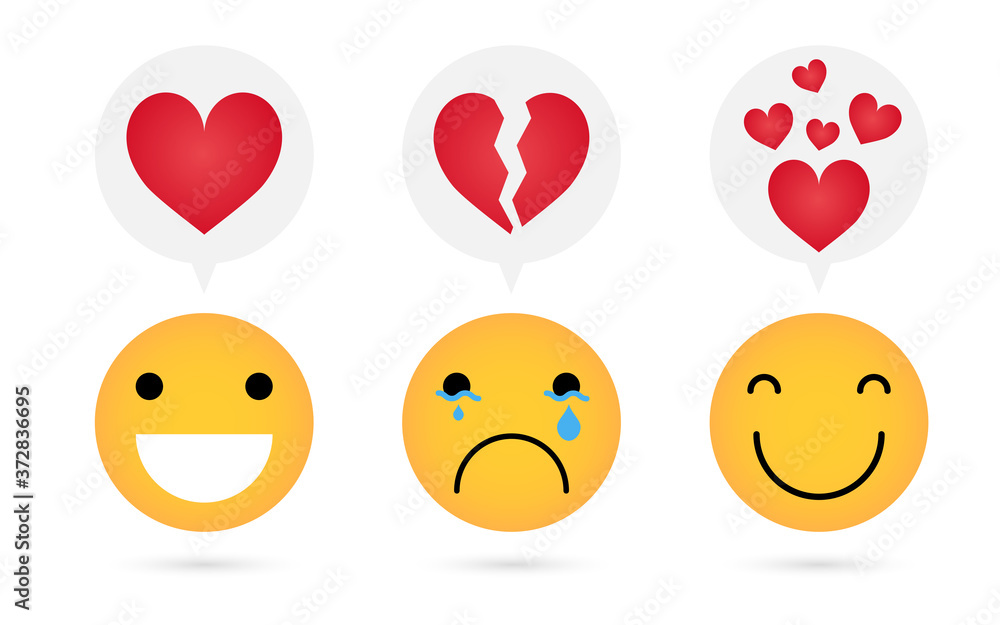 Emoji happy with love and sad broken heart cartoon valentine icon flat ...