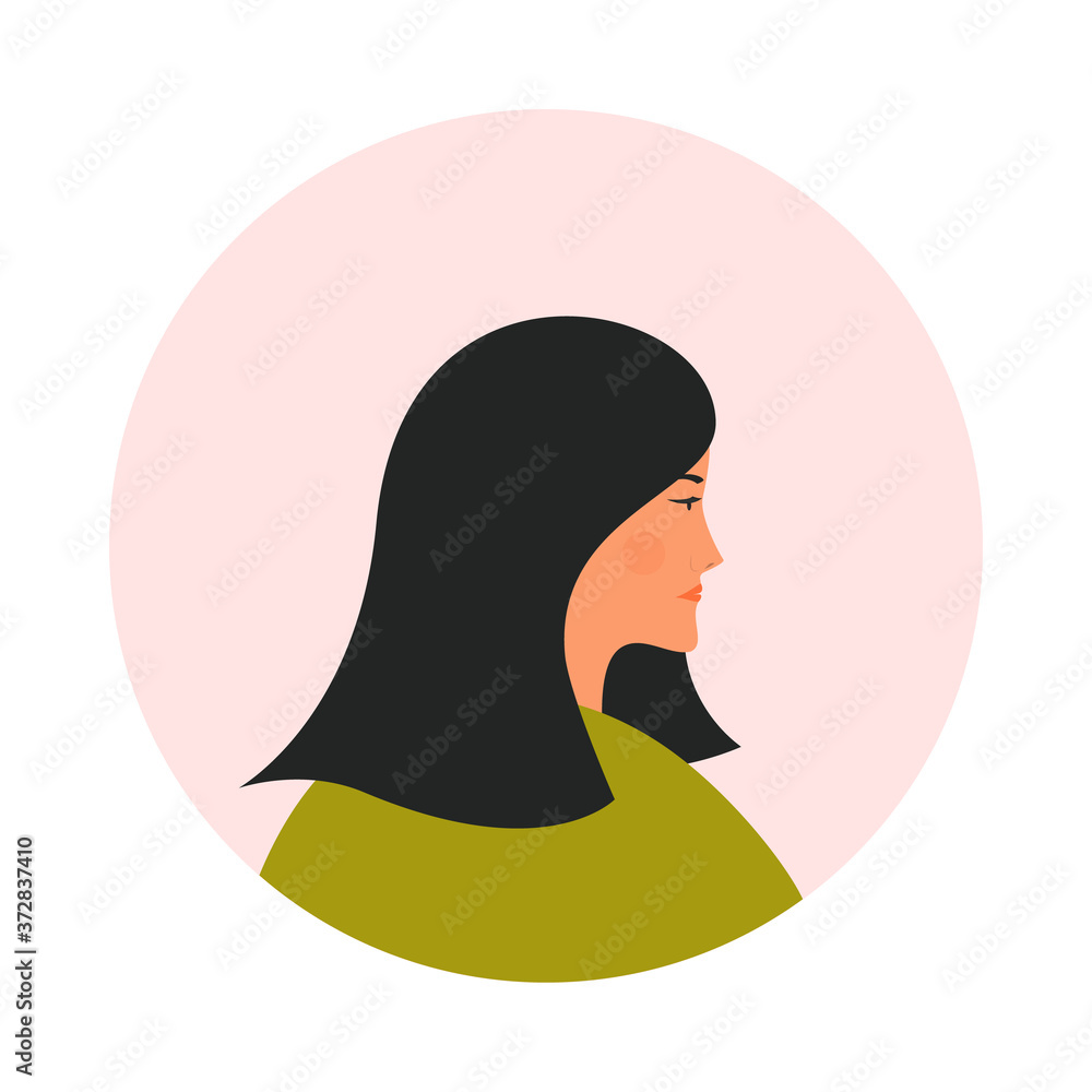 Portrait of a young asian girl in side view. Woman avatar profile flat ...