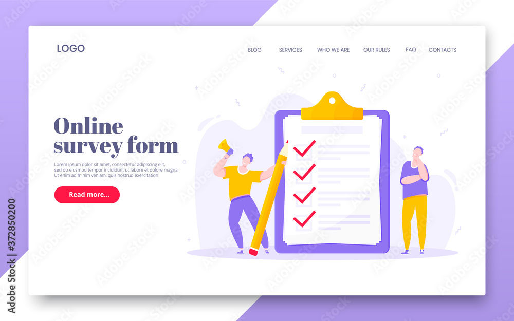 Online survey form business concept with tiny person with megaphone ...