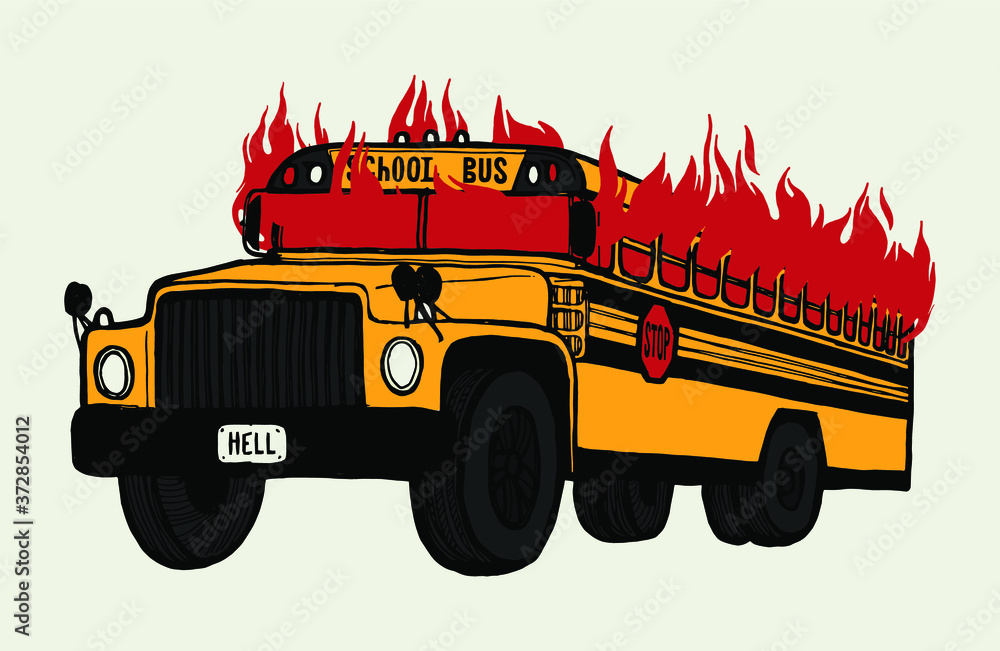 Vintage yellow school bus burning. Hate of school funny concept. School ...