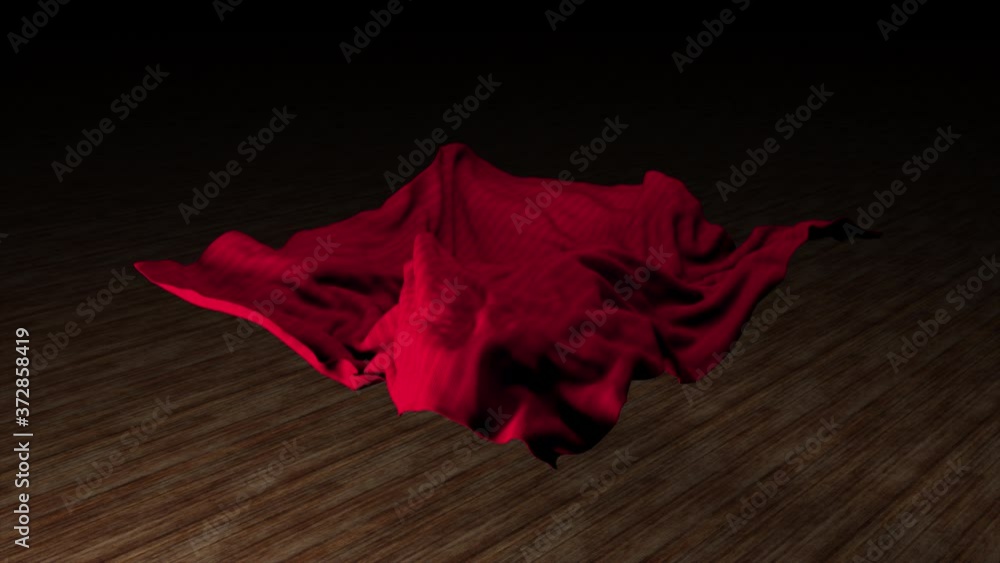 3D animation od a red curtain on a wood floor. Silk animated curtain ...