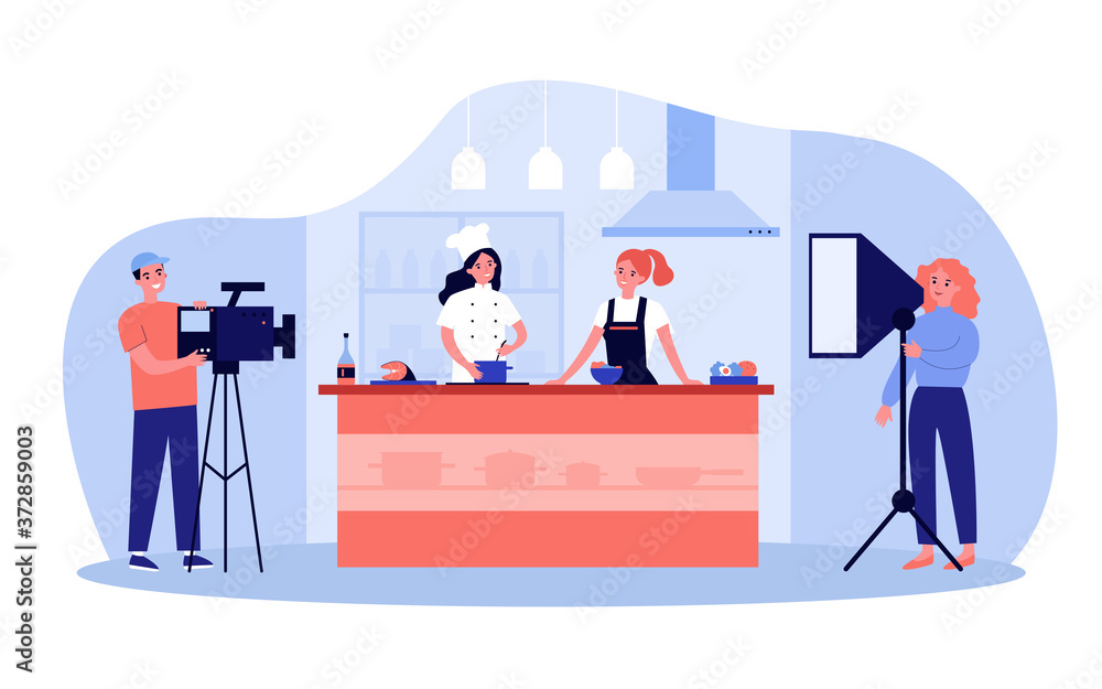 Popular cooking show concept. Camera man and stage manager shooting ...