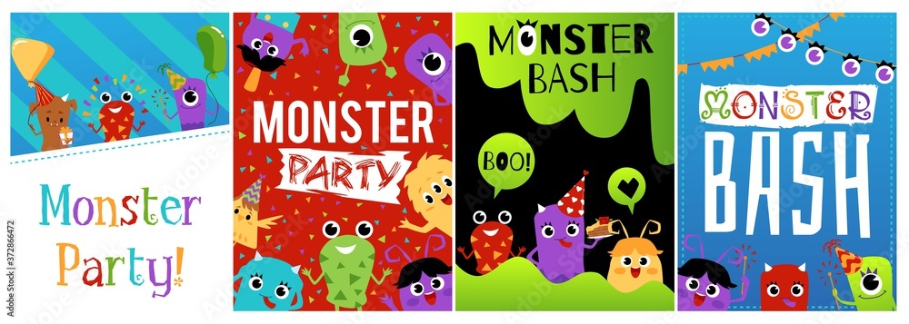 Monster bash party cards or banners set flat cartoon vector ...