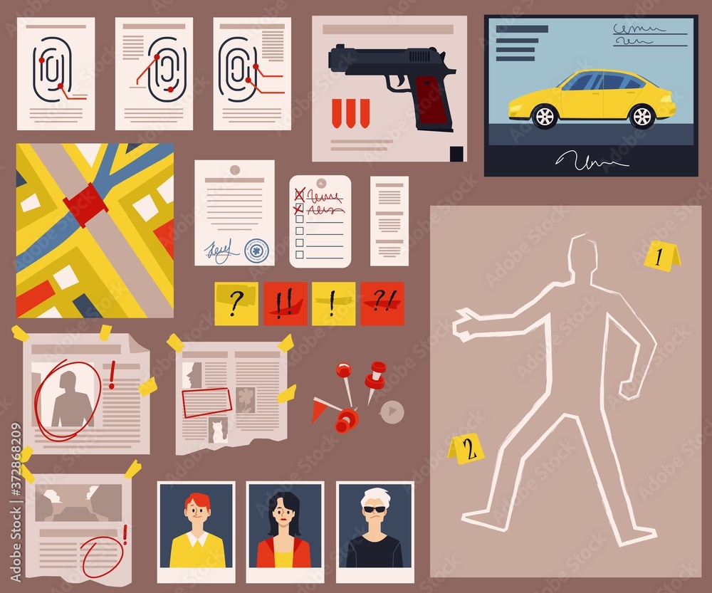 Crime scene detective board with criminal evidence, fingerprints Stock ...