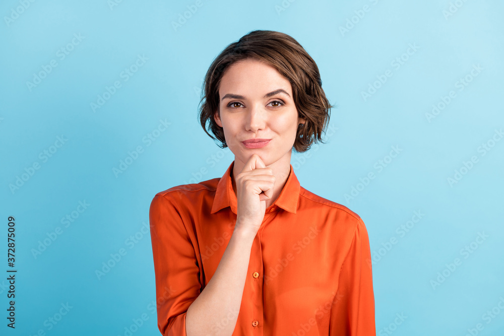 Closeup photo of pretty cunning lady bob hairdo good mood hold arm ...