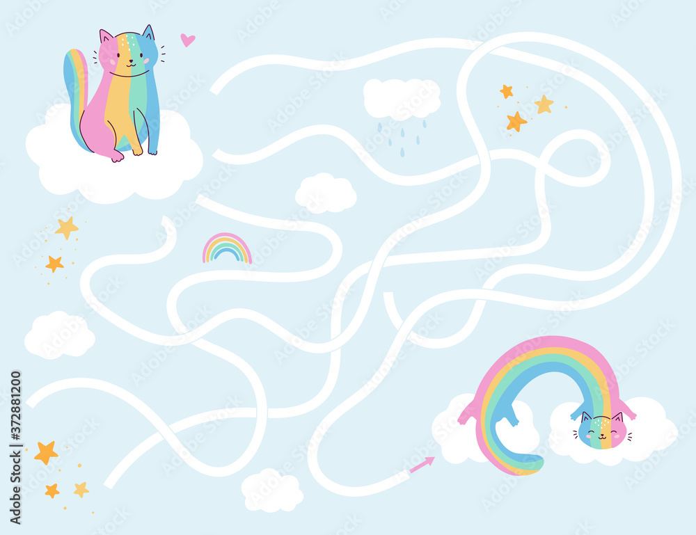 Maze game for preschool kids. Help the rainbow cat find right way to ...