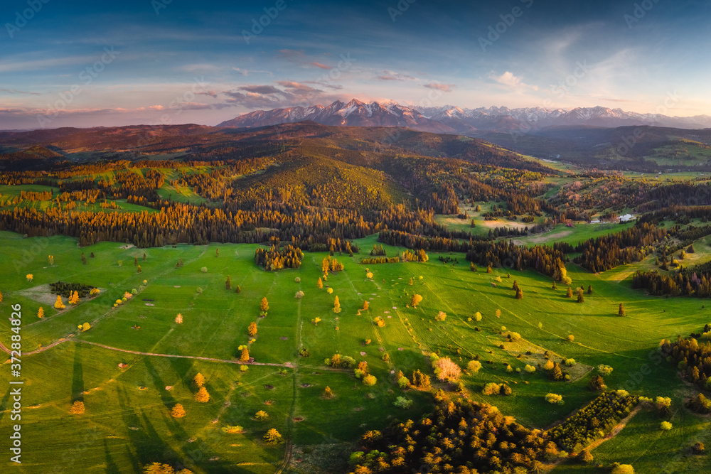 Podhale and Tatra Mountains from drone. Photos was taken in spring ...