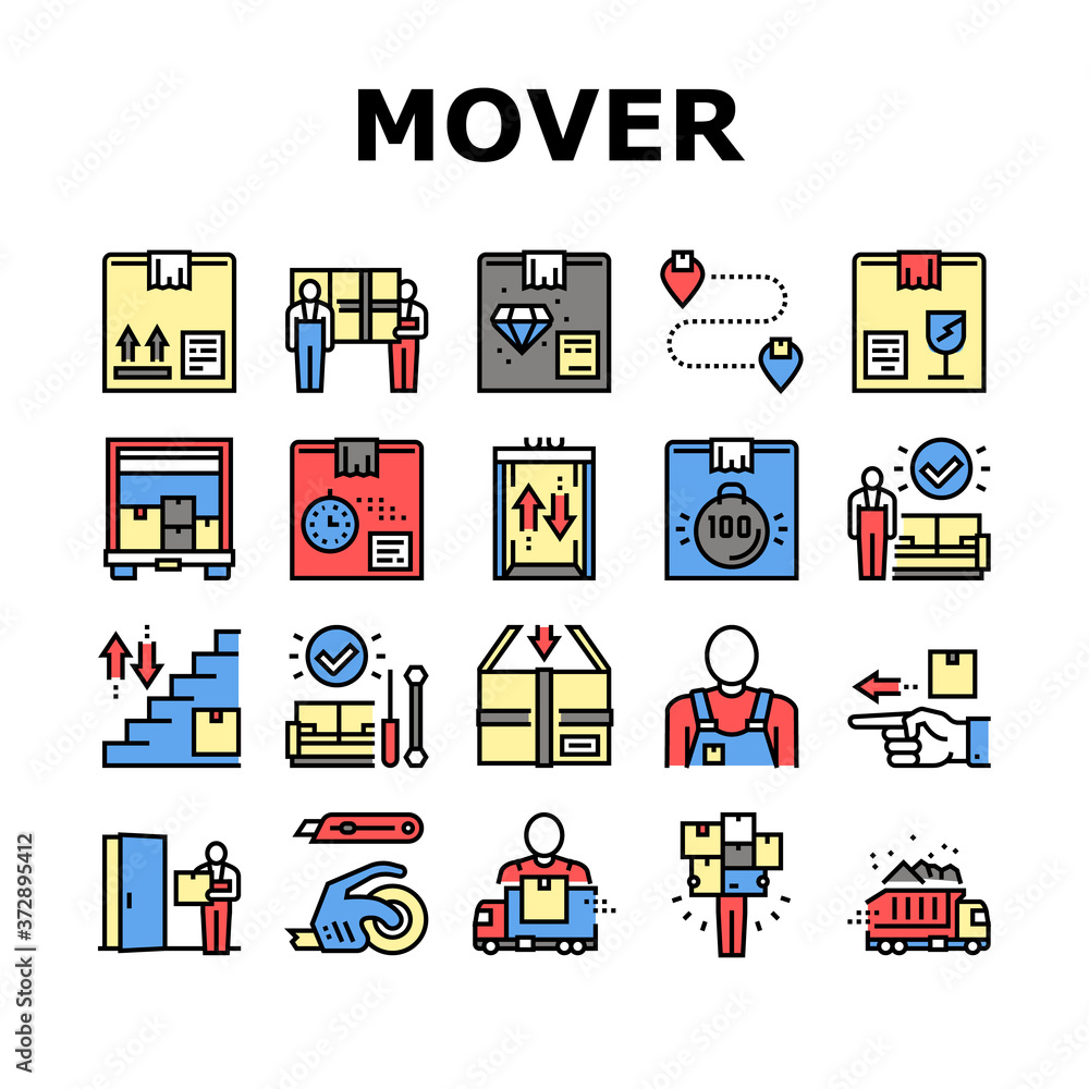 Mover Express Service Collection Icons Set Vector. Mover Worker ...