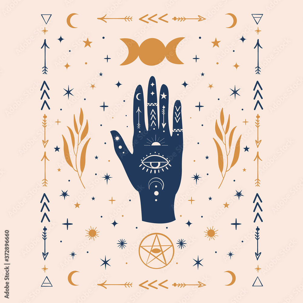 Hamsa Hands graphic illustration with mystical and occult hand drawn ...