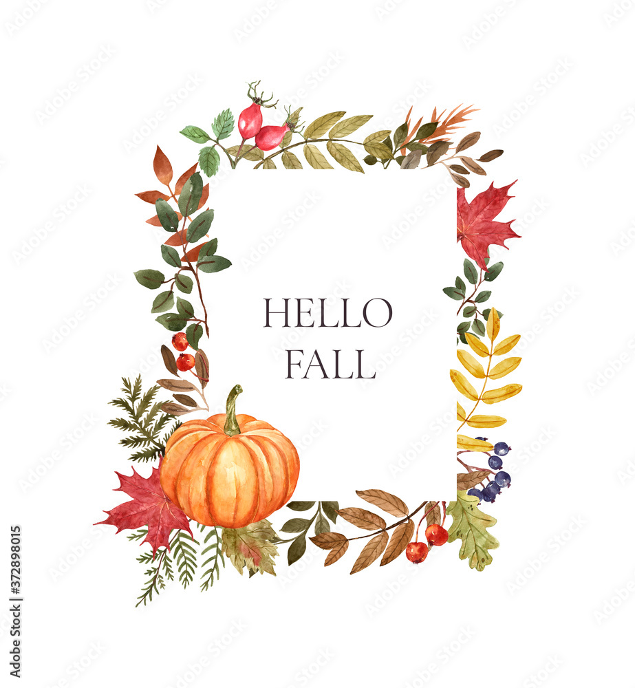 Festive fall floral border on white background. Watercolor fall plants ...