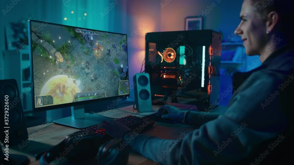 Professional eSports Gamer Plays RPG MOBA Mock-up Video Game with Lots ...