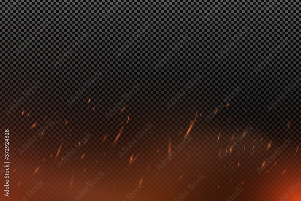 Realistic fire effect with particles on a transparent dark background ...