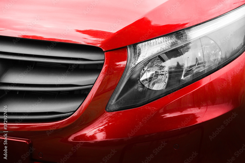 Red Mercedes-Benz Vito. Front view of a new car. Modern car close up ...