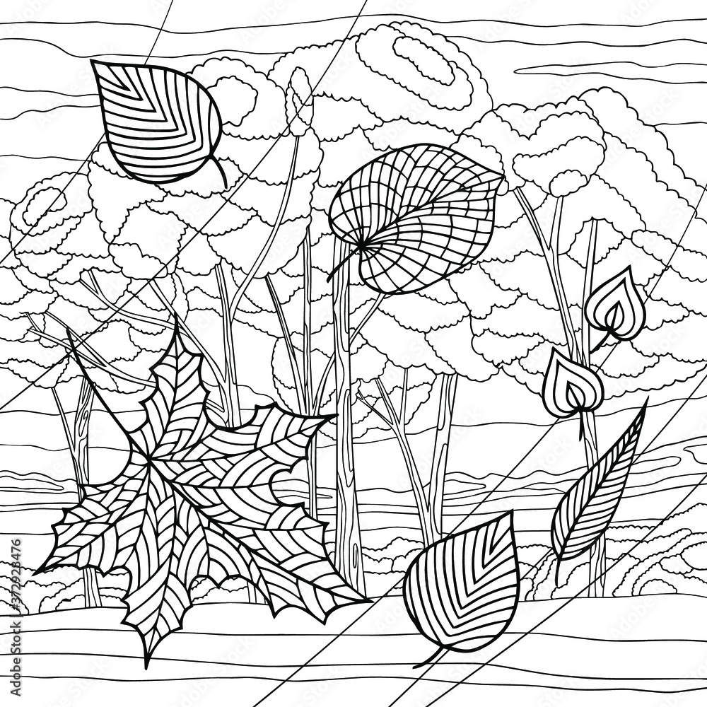 Wind blows leaves. Landscape with trees, sky, road, shrubs. Coloring ...