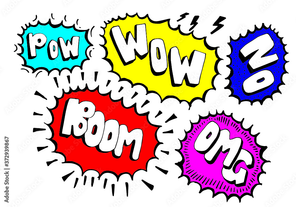 Hand drawn set of speech bubbles with handwritten text:no,pow,wow,boom ...