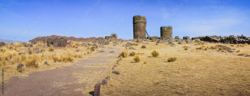 Sillustani archaelogical site and pre-Incan cemetery with pathway ...