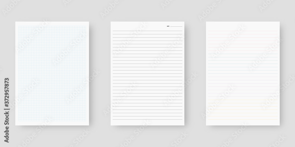 Notebook paper set. Sheet of lined paper template. Mockup isolated ...