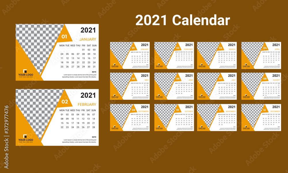 2021 сalendar design. Set of 12 months. Week starts on Sunday. Monthly ...