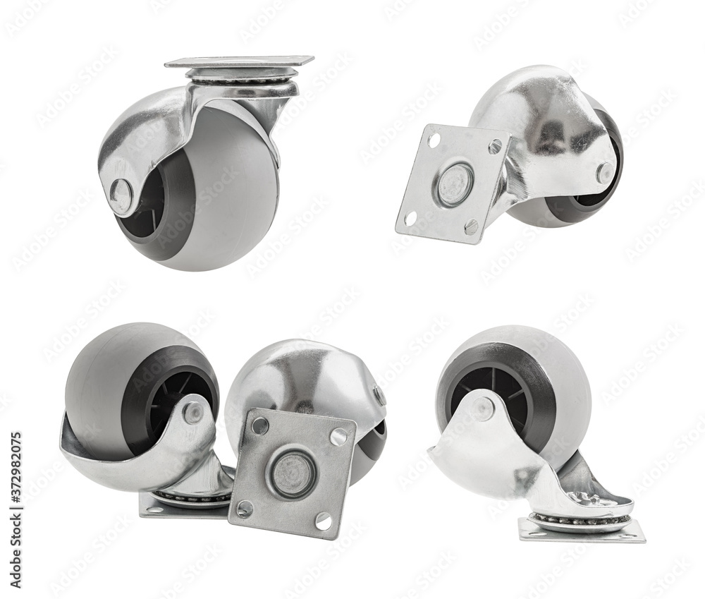 Spherical rubber ball caster wheel isolated on white background in four ...