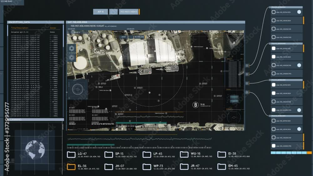 Modern computer user interface. Secret spy satellite camera scans port ...