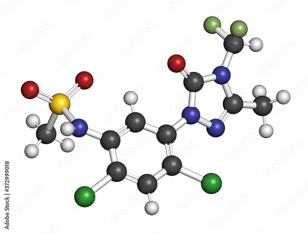 Sulfentrazone herbicide molecule. 3D rendering. Atoms are represented ...