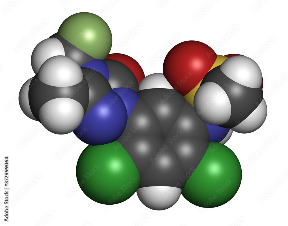 Sulfentrazone herbicide molecule. 3D rendering. Atoms are represented ...