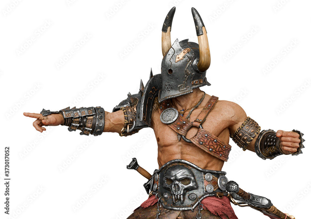 epic warrior man is pointing the way in white background Stock ...