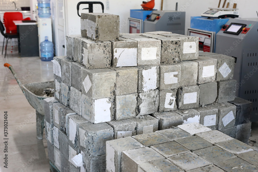 View of the cubic concrete samples for the tensile or flexural testing ...