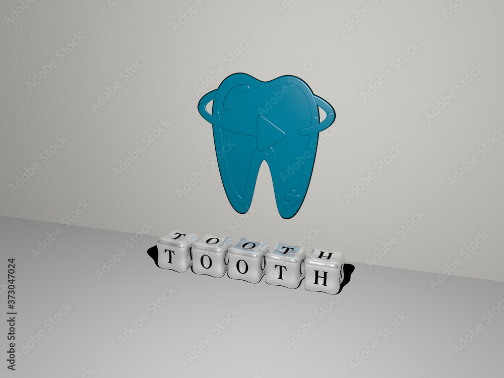 tooth 3D icon on the wall and cubic letters on the floor, 3D ...