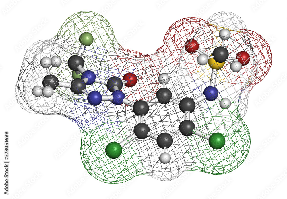 Sulfentrazone herbicide molecule. 3D rendering. Atoms are represented ...