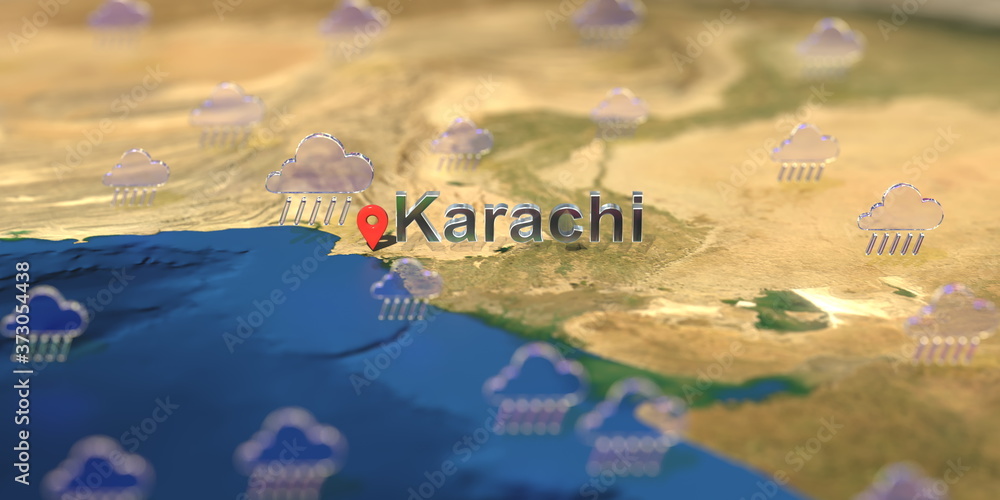 Rainy weather icons near Karachi city on the map, weather forecast ...