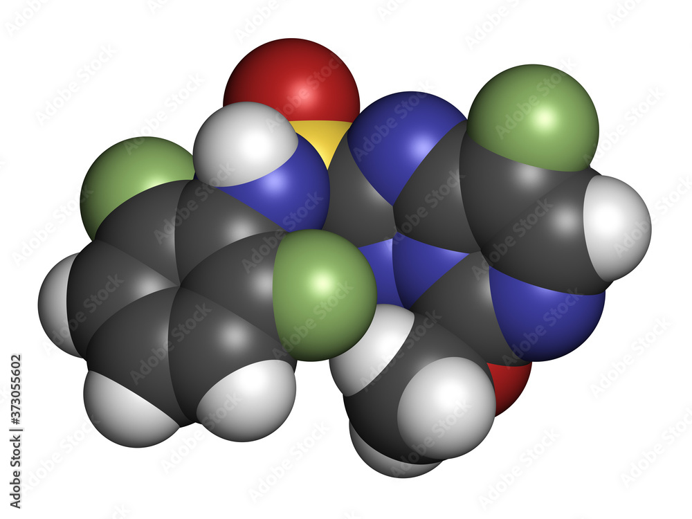 ภาพประกอบสต็อก Florasulam herbicide molecule. 3D rendering. Atoms are ...
